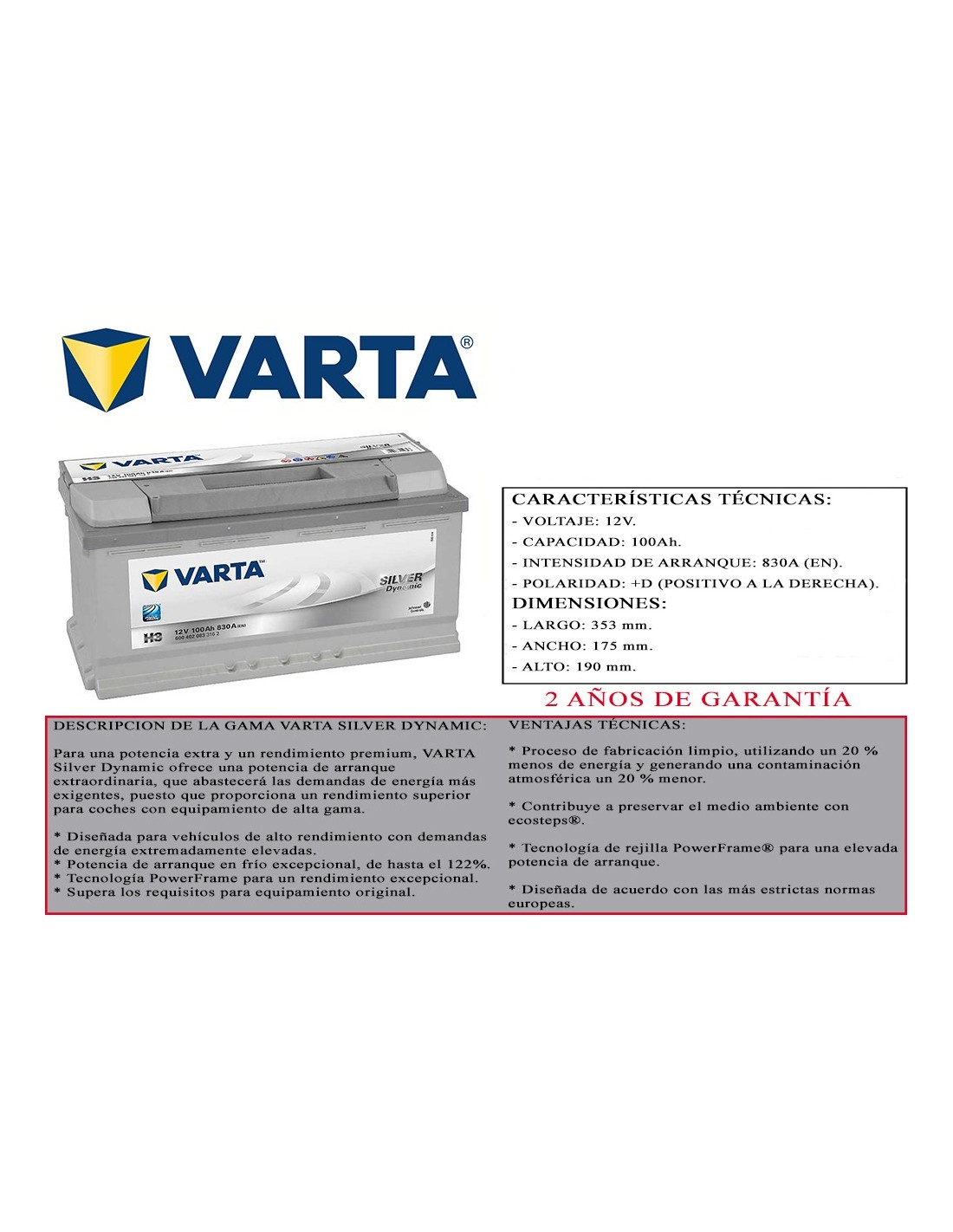 Batería Coche Varta 100ah 12V 830A H3【159,90€】